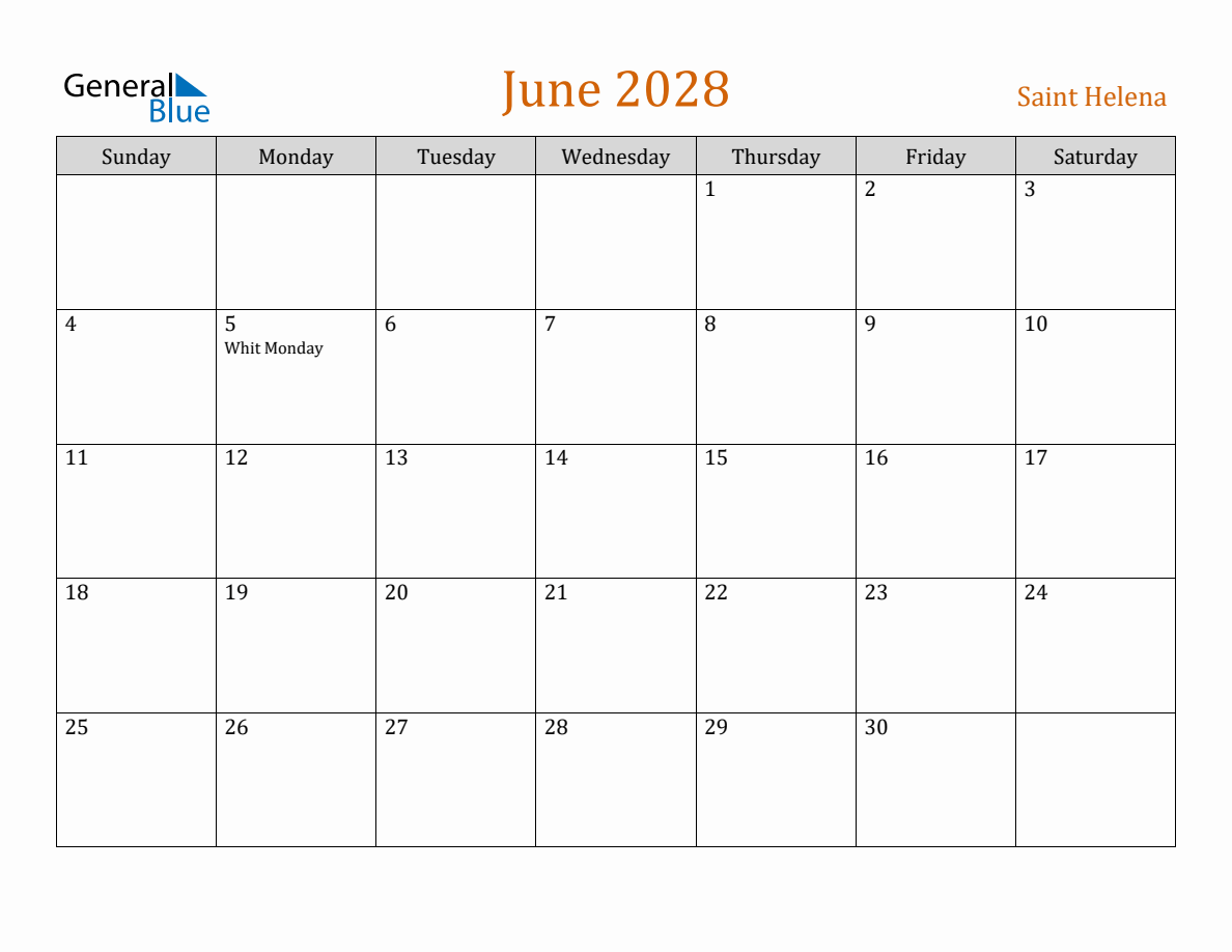 Free June 2028 Saint Helena Calendar