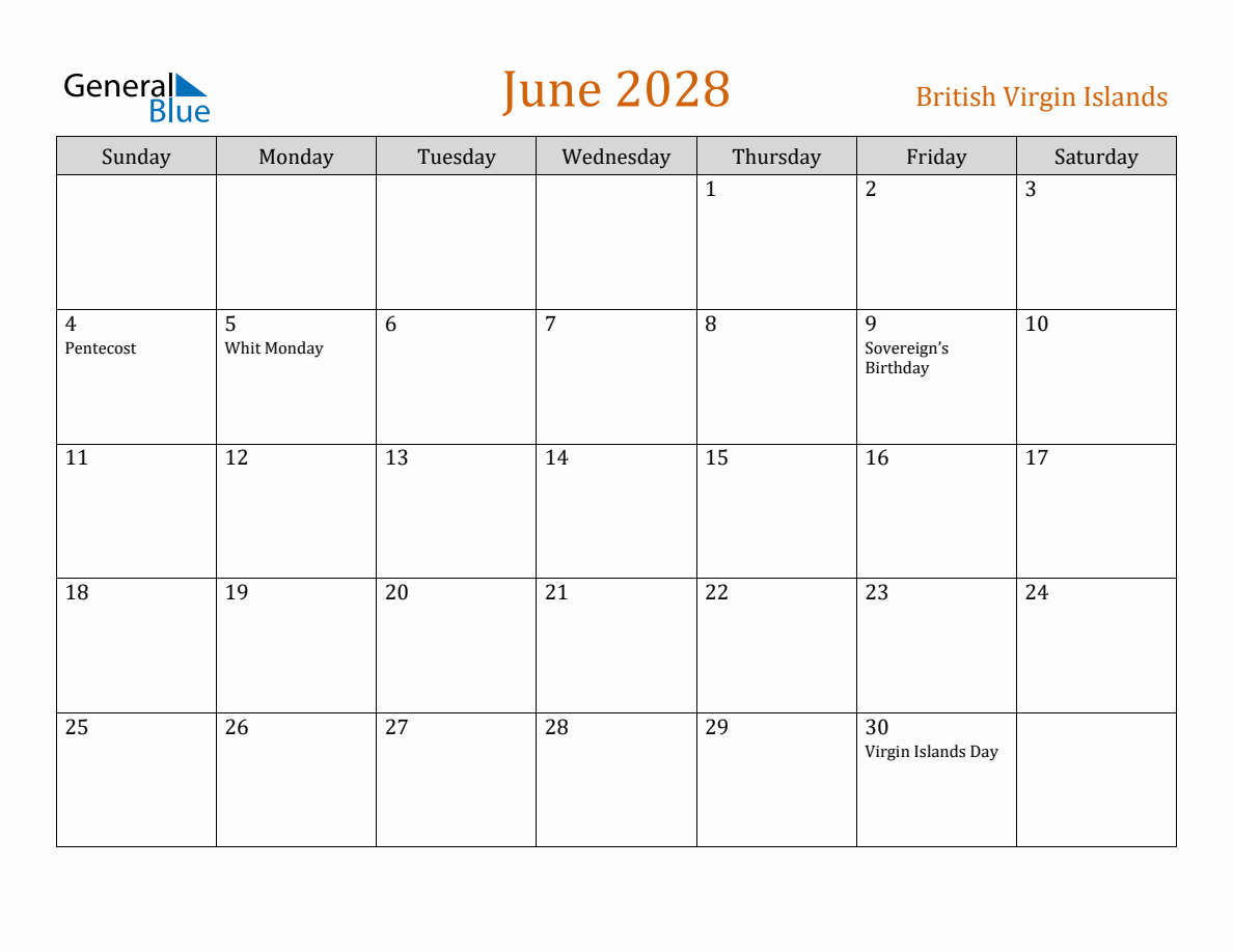 Free June 2028 British Virgin Islands Calendar