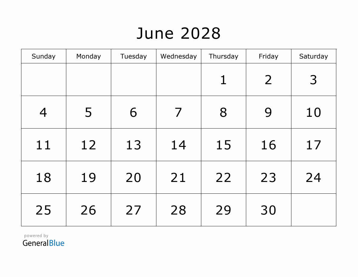 Printable June 2028 Calendar