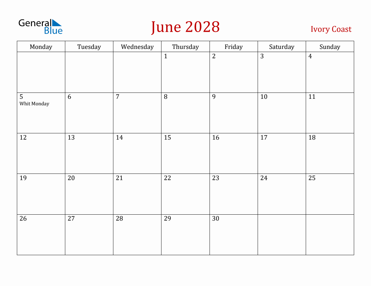 June 2028 Ivory Coast Monthly Calendar with Holidays (Monday Start)