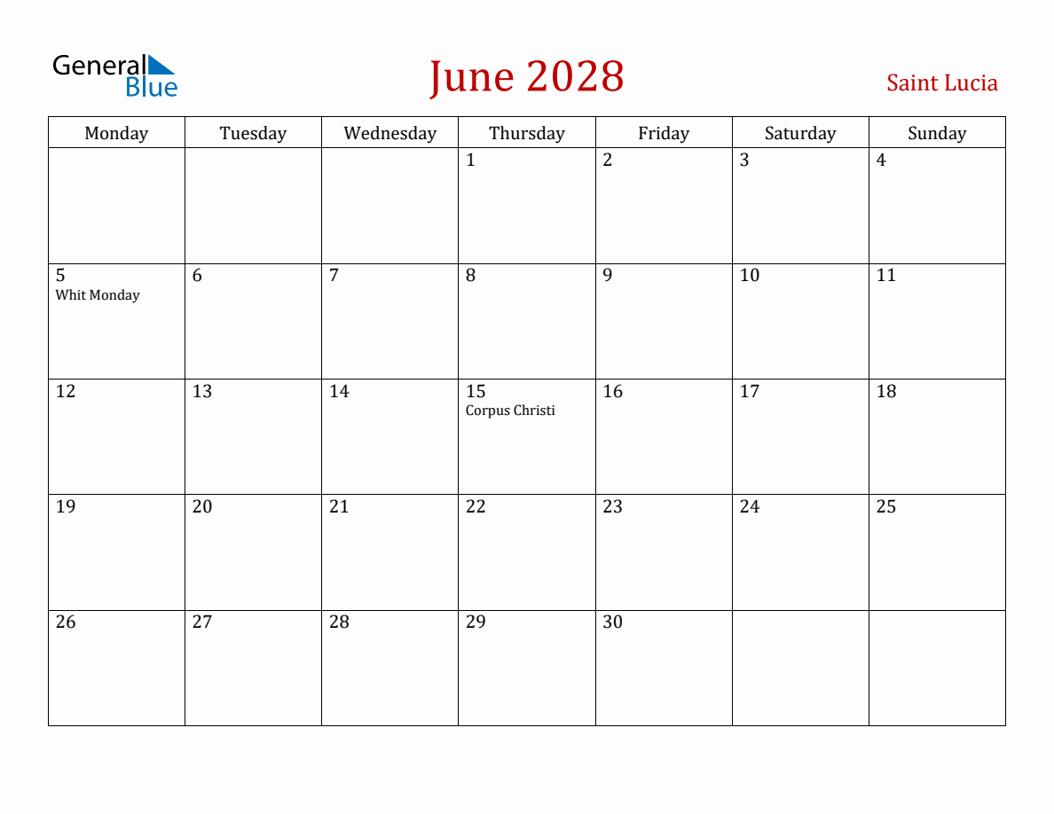 June 2028 Saint Lucia Monthly Calendar with Holidays (Monday Start)