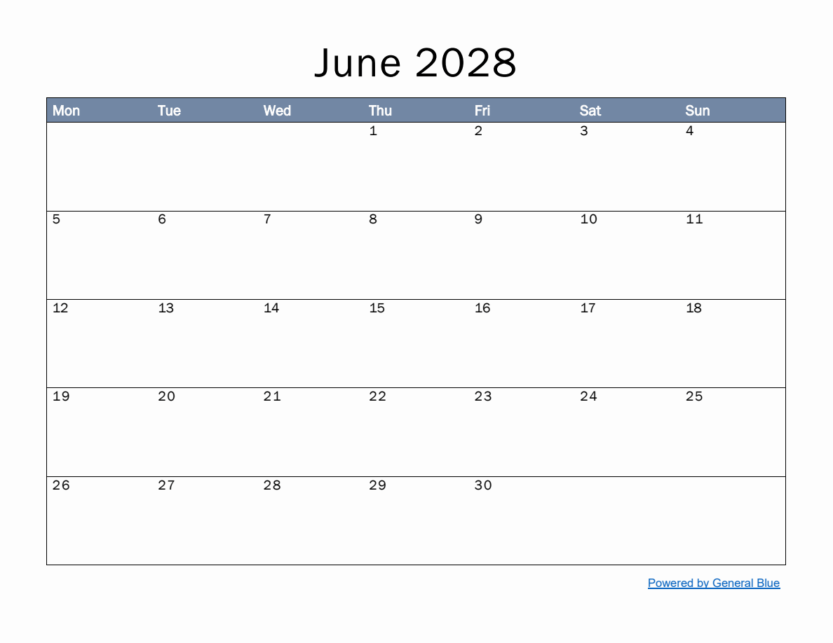 Monthly Calendar Template for June 2028 - Monday Start