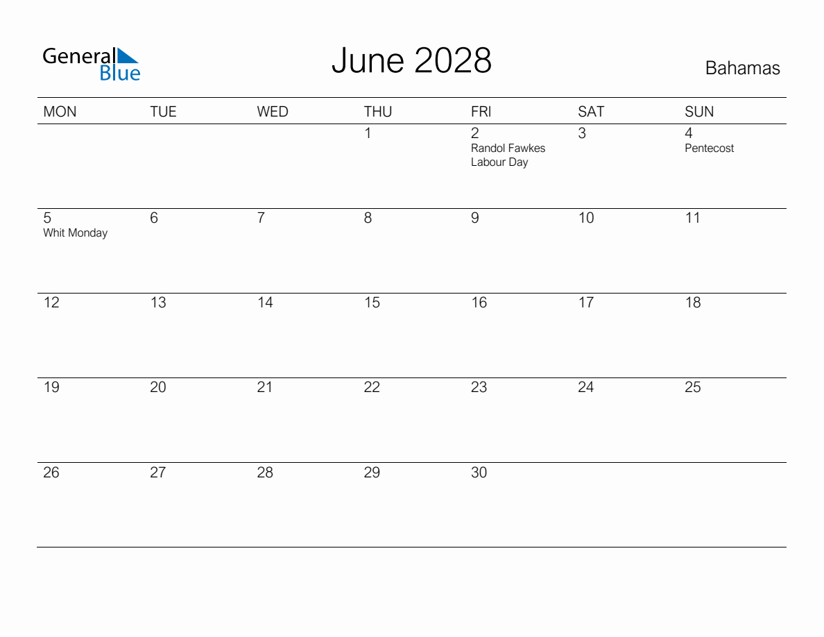 Printable June 2028 Monthly Calendar with Holidays for Bahamas