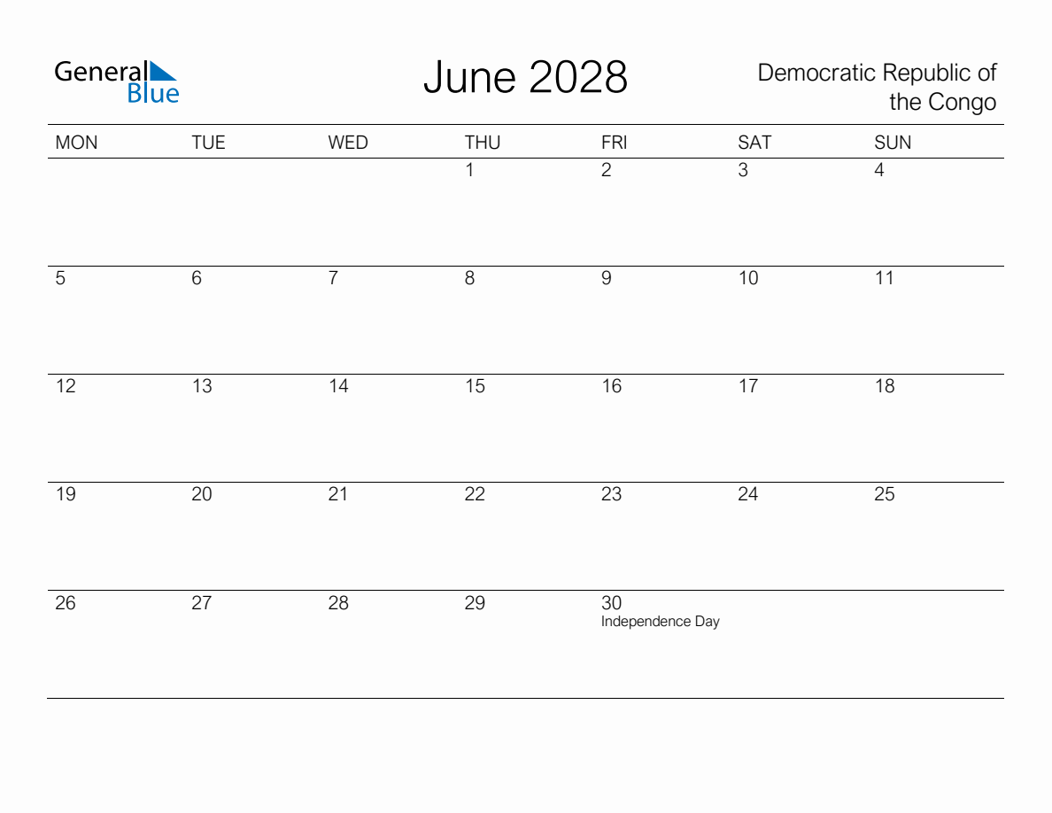 Printable June 2028 Monthly Calendar with Holidays for Democratic ...