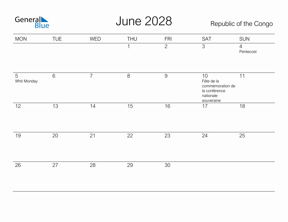 Printable June 2028 Monthly Calendar with Holidays for Republic of the ...