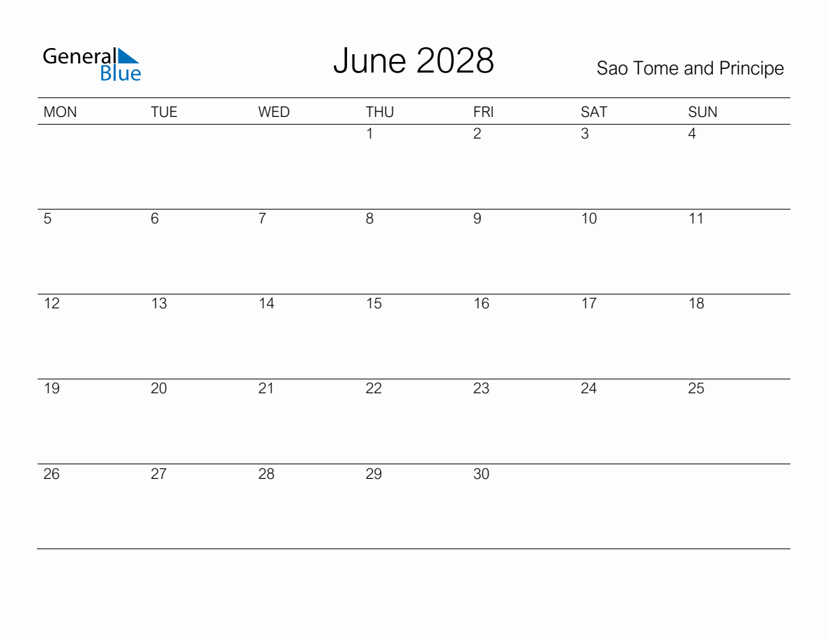 Printable June 2028 Monthly Calendar with Holidays for Sao Tome and ...