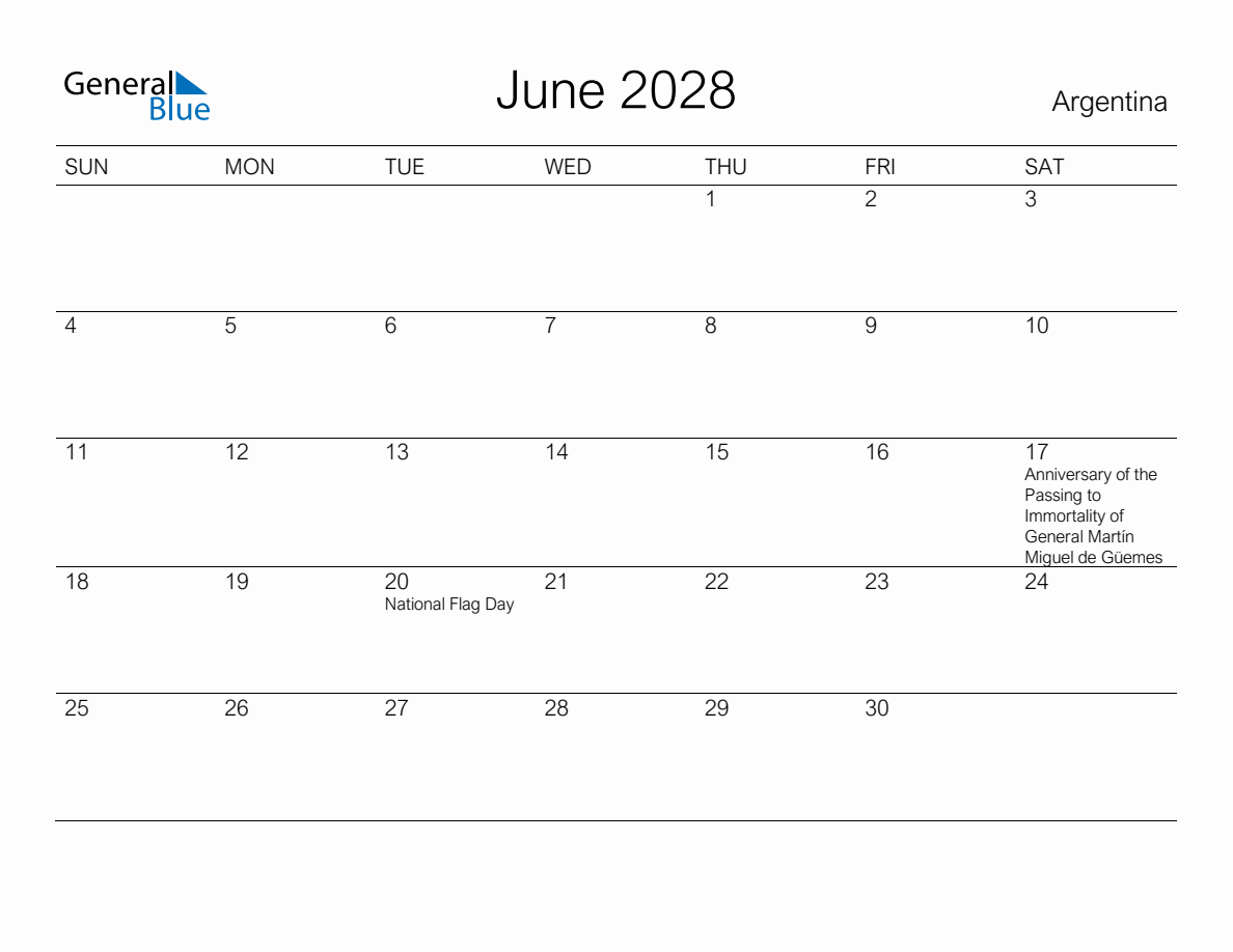Printable June 2028 Monthly Calendar with Holidays for Argentina