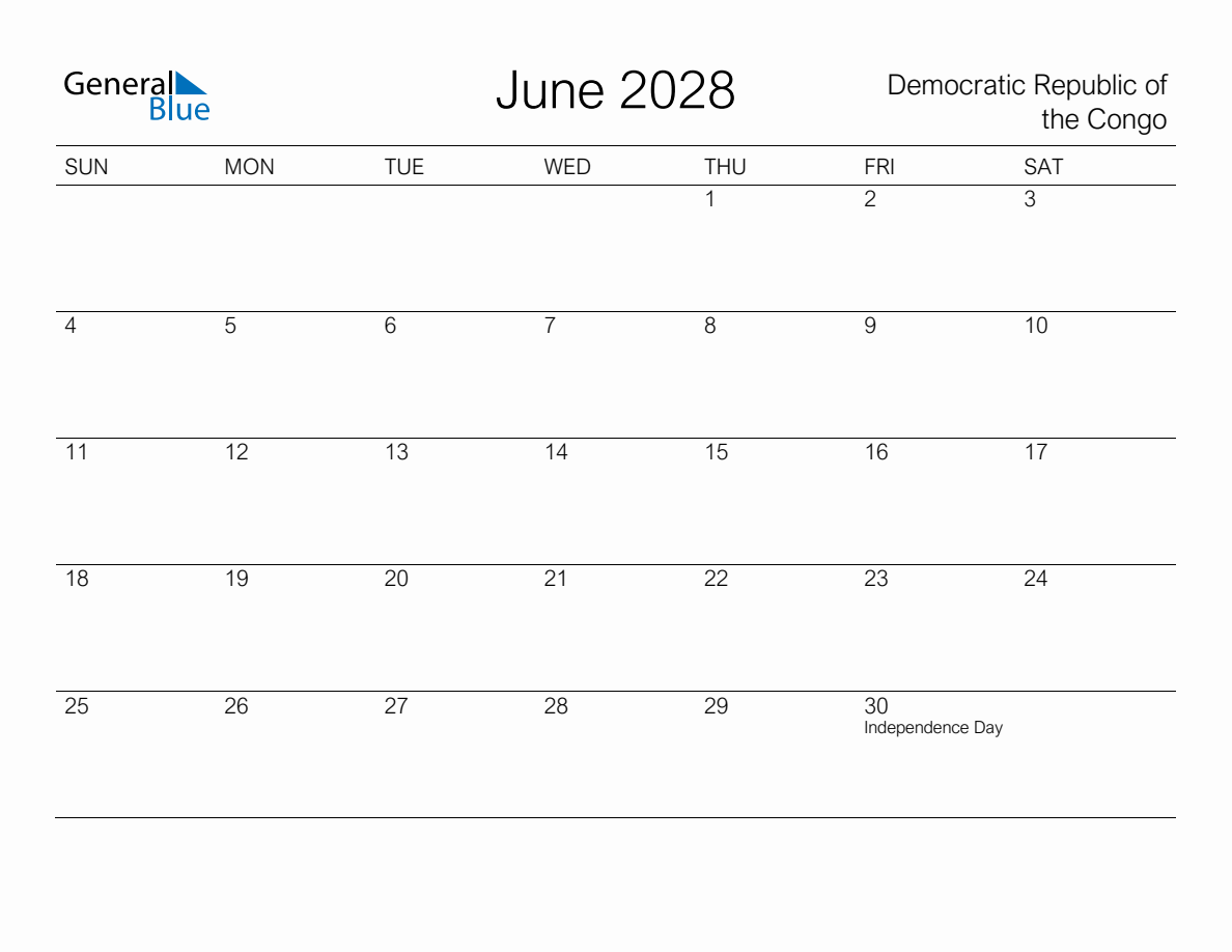 Printable June 2028 Monthly Calendar with Holidays for Democratic ...