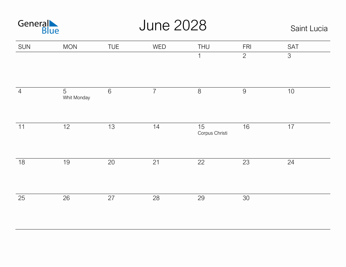 Printable June 2028 Monthly Calendar with Holidays for Saint Lucia