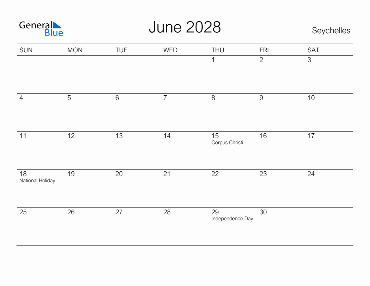 Printable June 2028 Monthly Calendar with Holidays for Seychelles