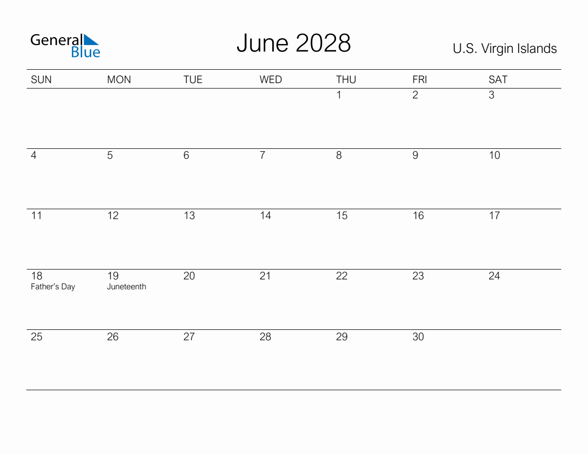 Printable June 2028 Monthly Calendar with Holidays for U.S. Virgin Islands