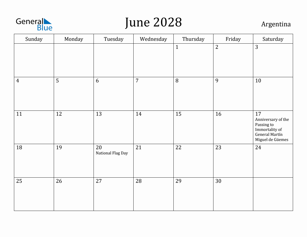 June 2028 Monthly Calendar with Argentina Holidays