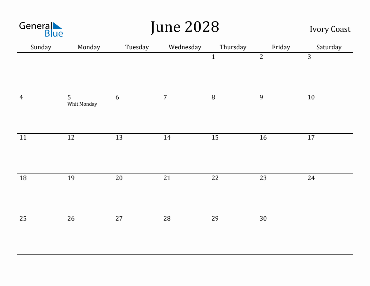 June 2028 Monthly Calendar with Ivory Coast Holidays