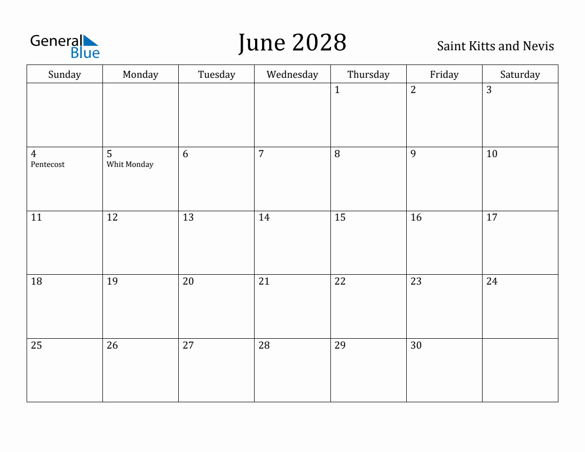 June 2028 Monthly Calendar with Saint Kitts and Nevis Holidays