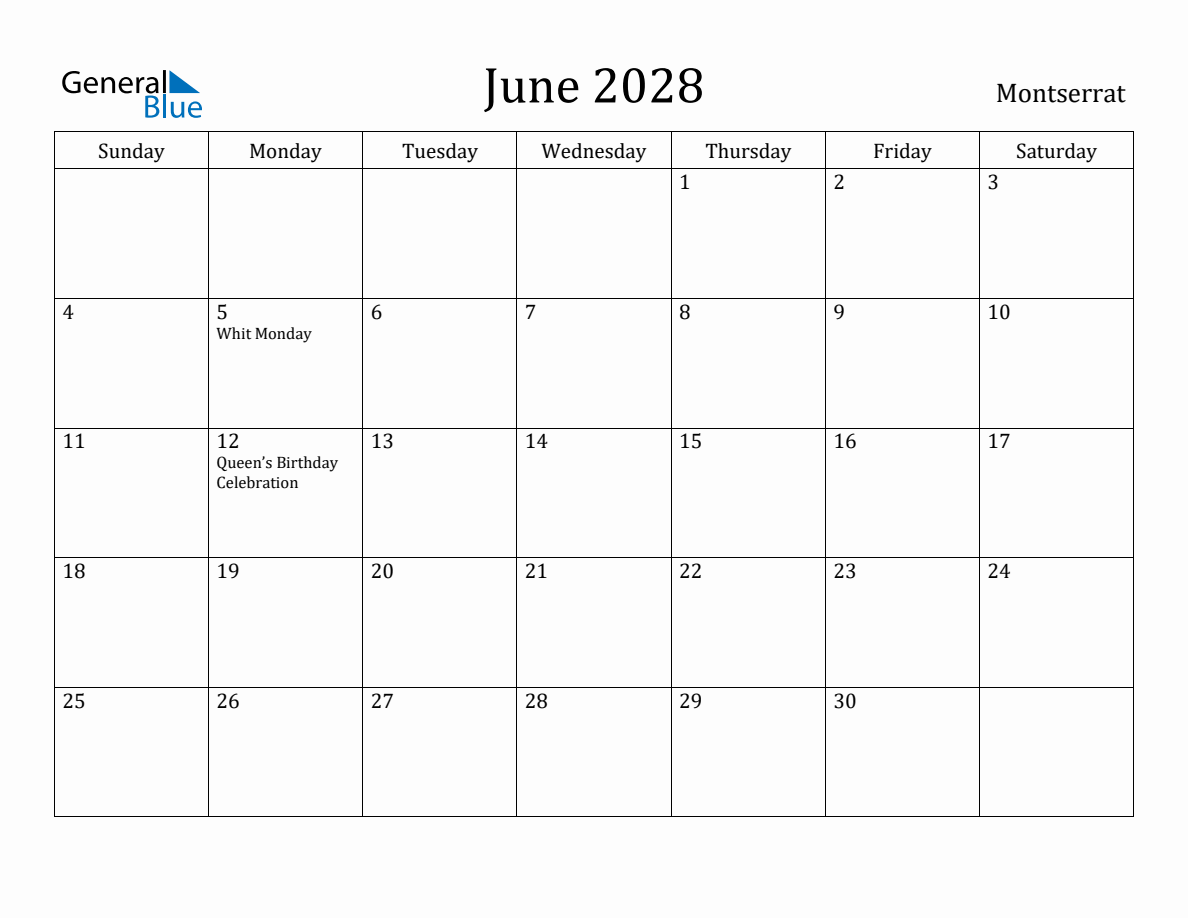 June 2028 Monthly Calendar with Montserrat Holidays