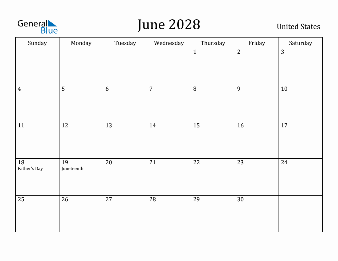 June 2028 Monthly Calendar with United States Holidays