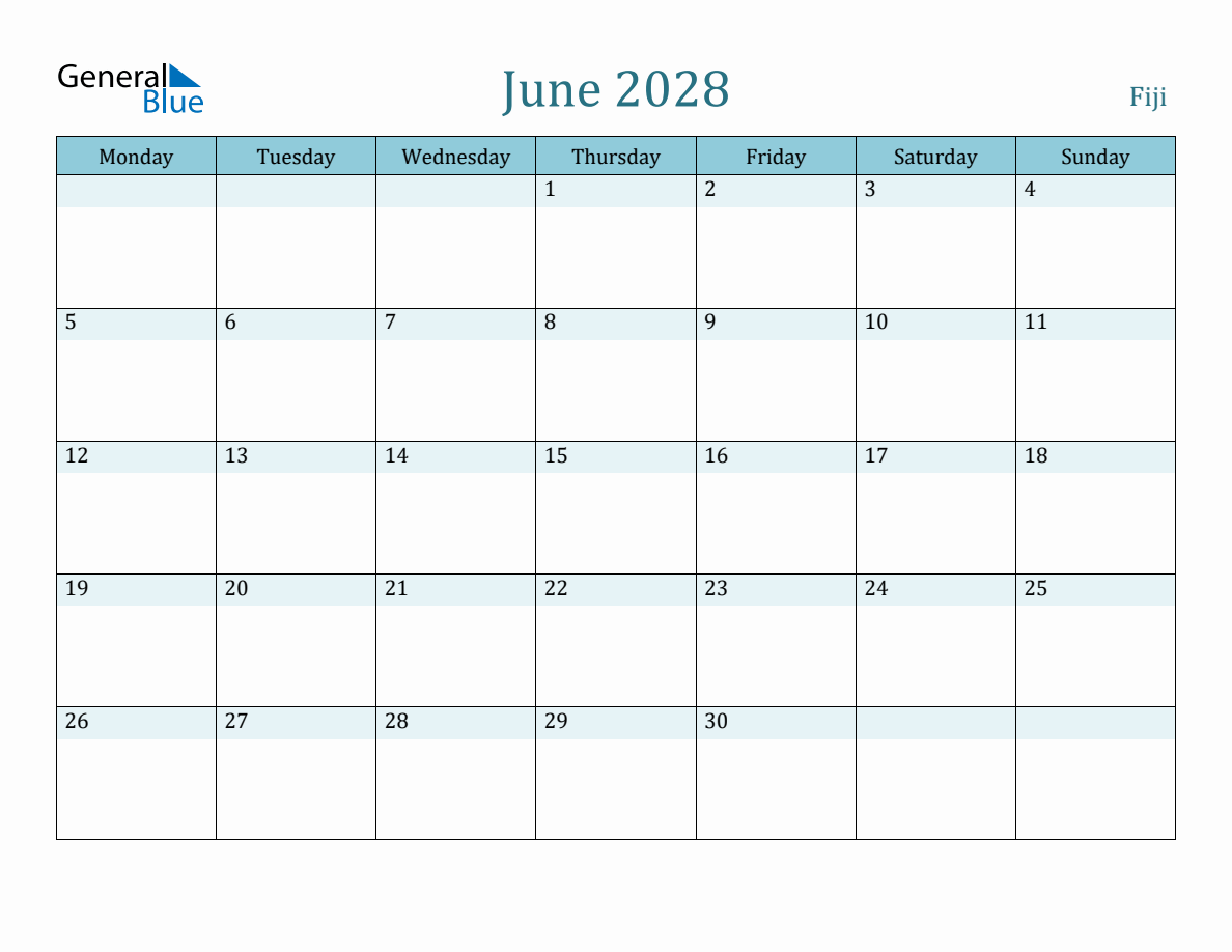 Fiji Holiday Calendar for June 2028 (Monday Start)