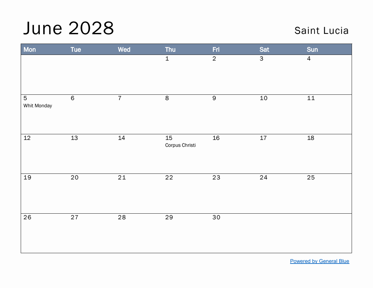 Free Monthly Calendar Template for June 2028 with Saint Lucia Holidays ...