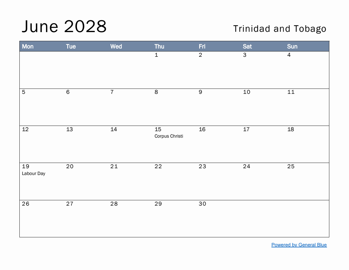 Free Monthly Calendar Template for June 2028 with Trinidad and Tobago ...