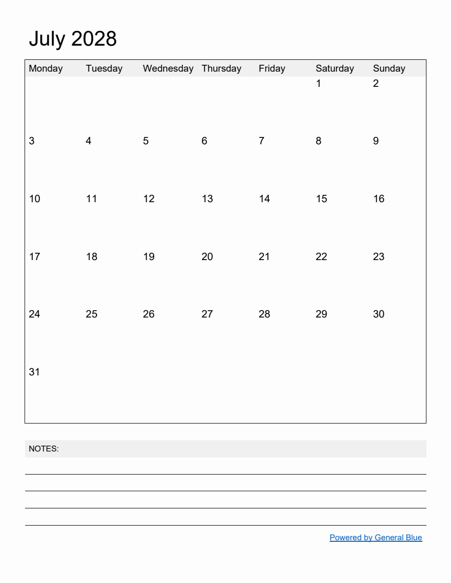 Free Printable Monthly Calendar for July 2028 - Monday Start