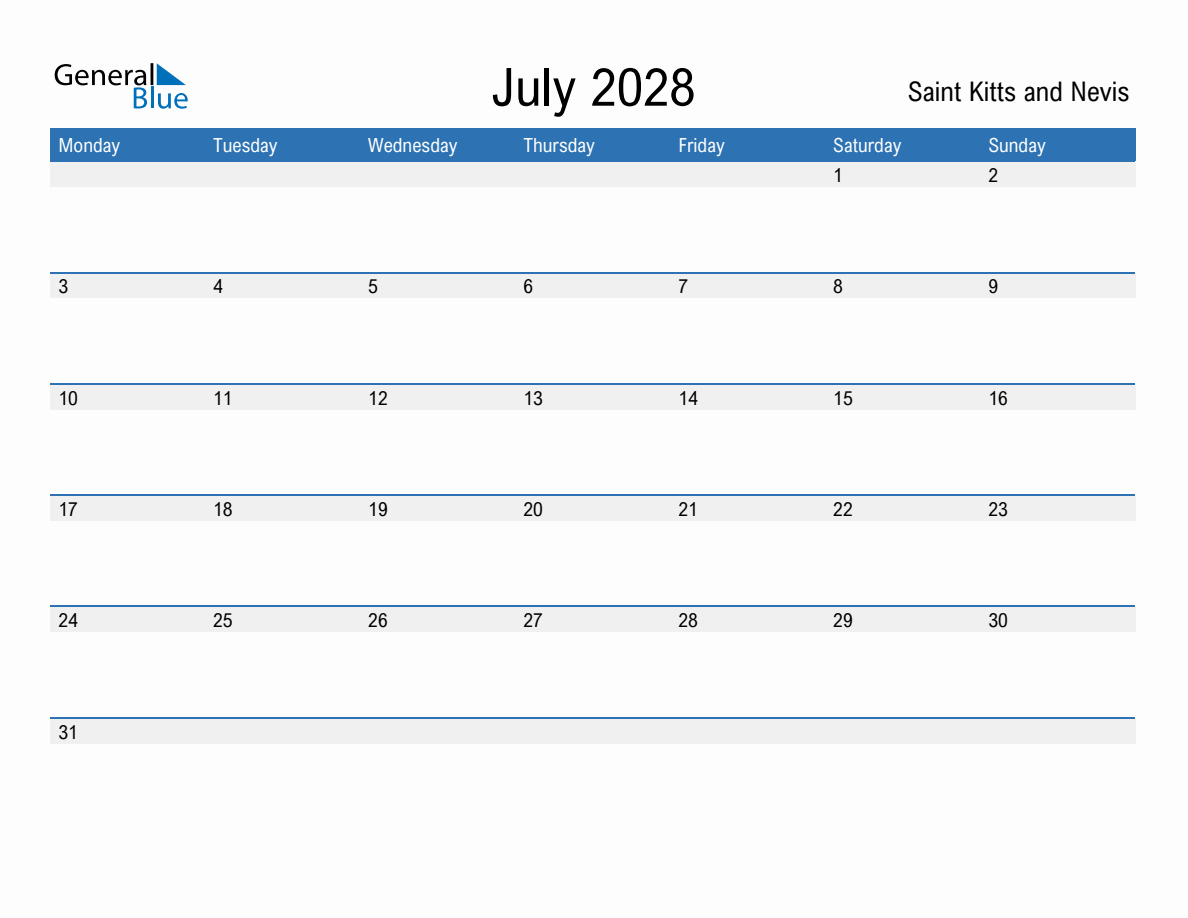 Editable July 2028 Calendar with Saint Kitts and Nevis Holidays (Monday ...
