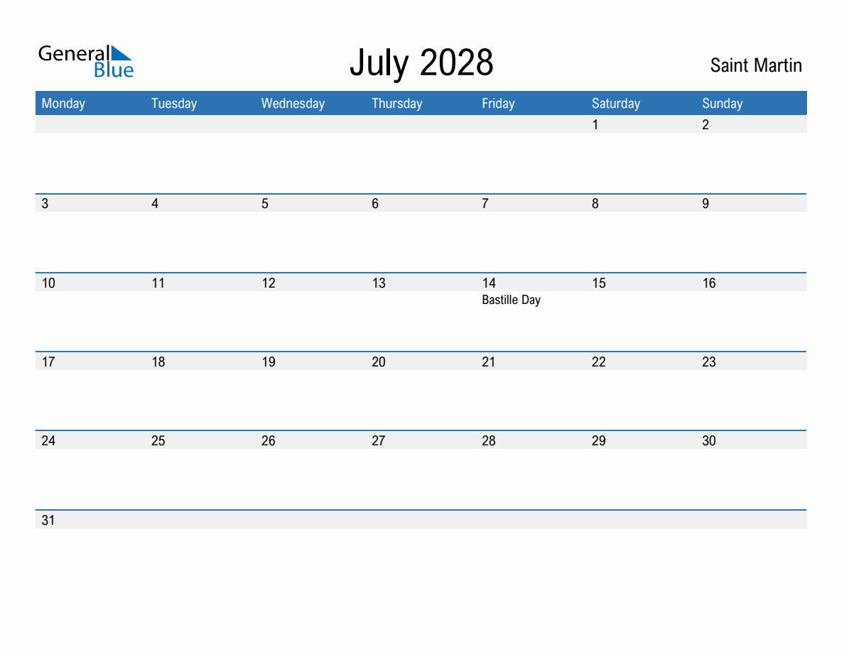 Editable July 2028 Calendar with Saint Martin Holidays (Monday Start)