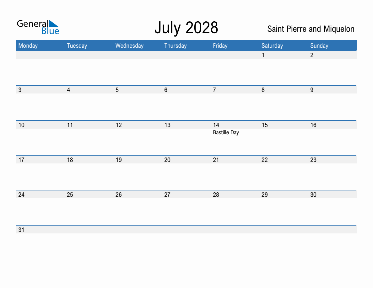 Editable July 2028 Calendar with Saint Pierre and Miquelon Holidays ...