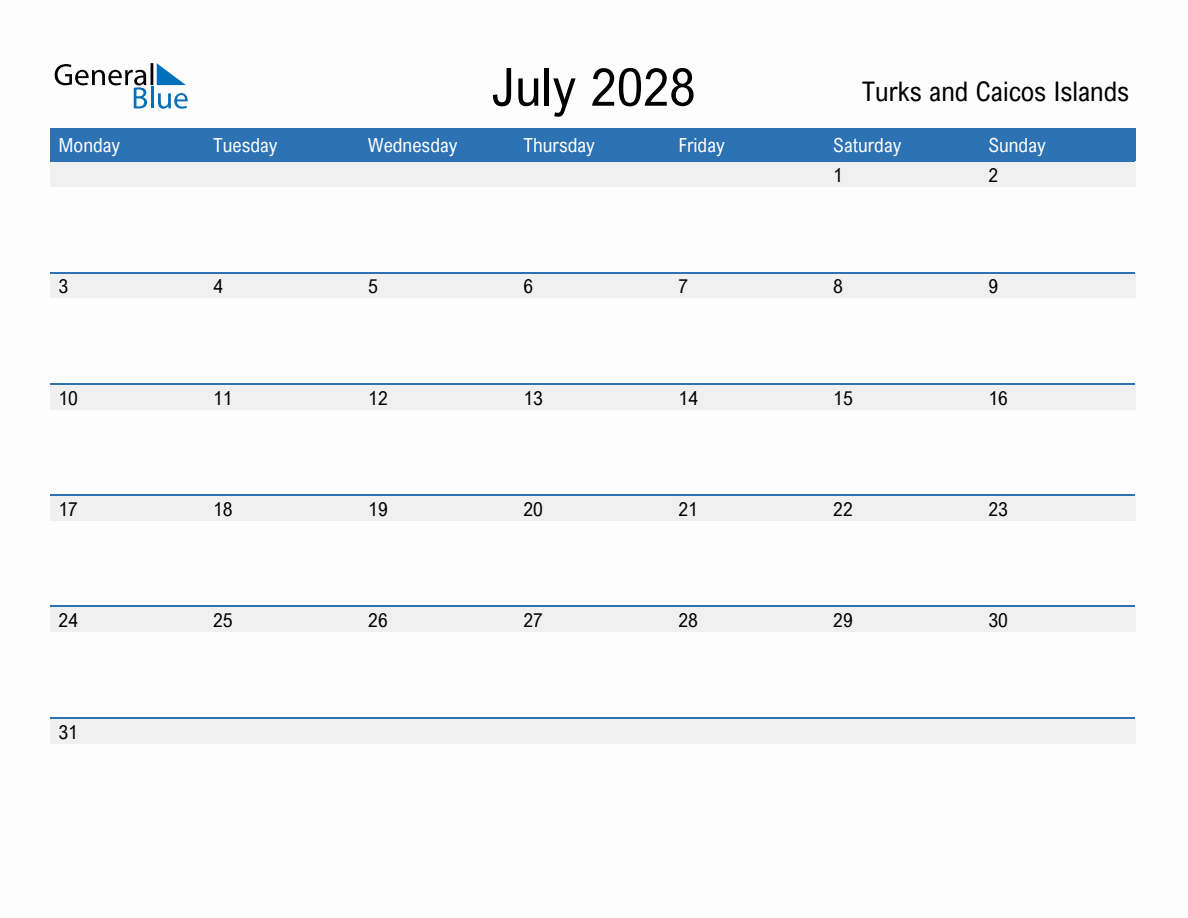 Editable July 2028 Calendar with Turks and Caicos Islands Holidays ...