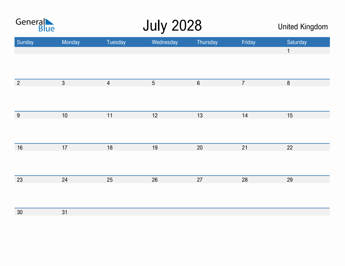 July 2028 Monthly Calendars with United Kingdom Holidays