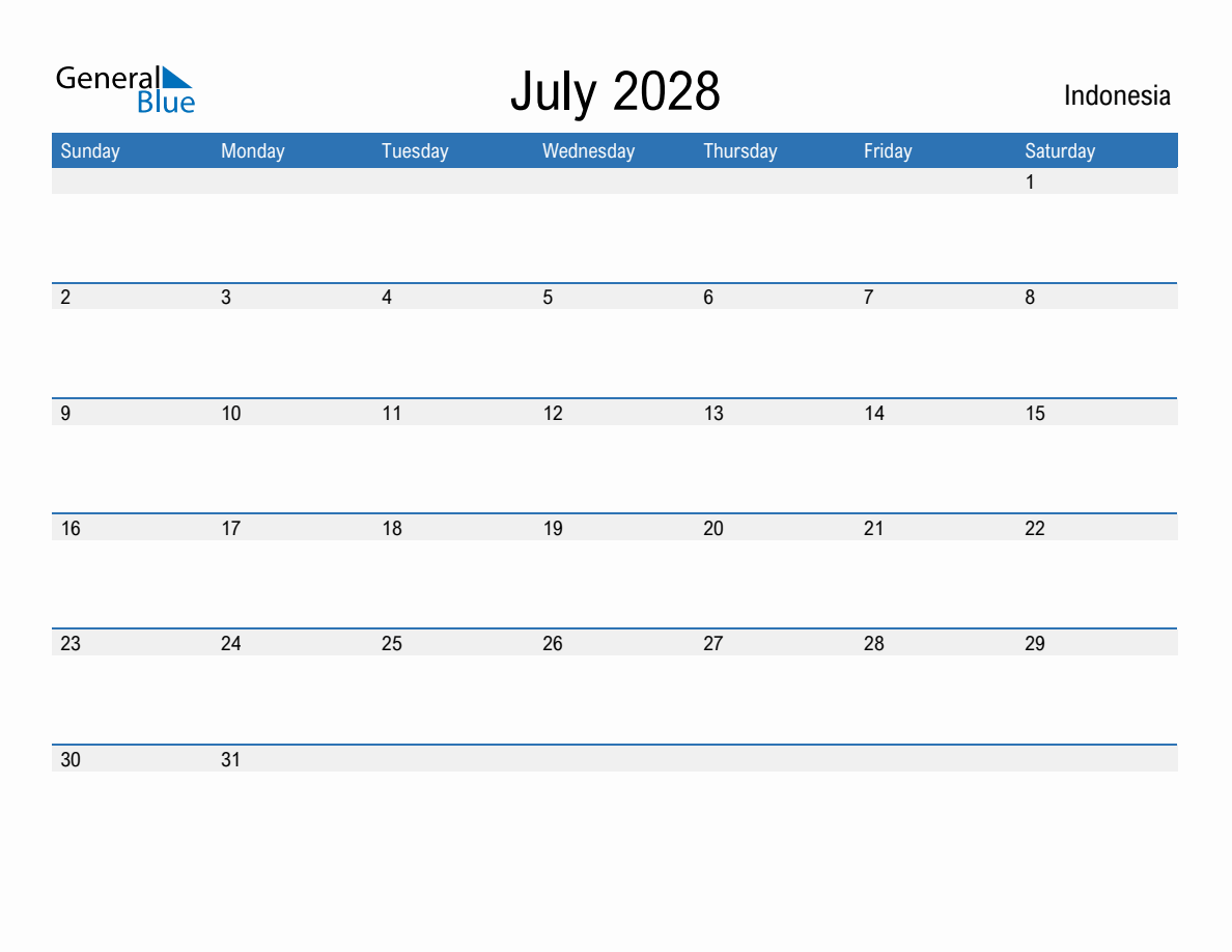 July 2028 Monthly Calendars with Indonesia Holidays