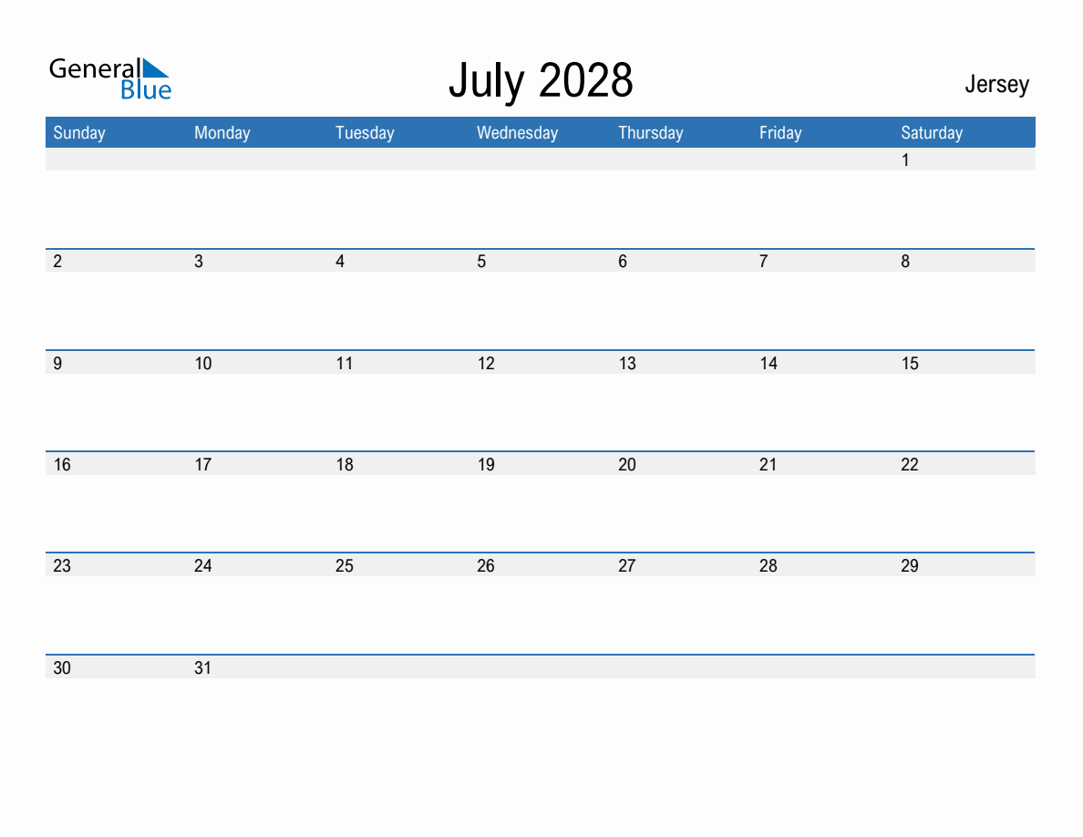 Editable July 2028 Calendar with Jersey Holidays