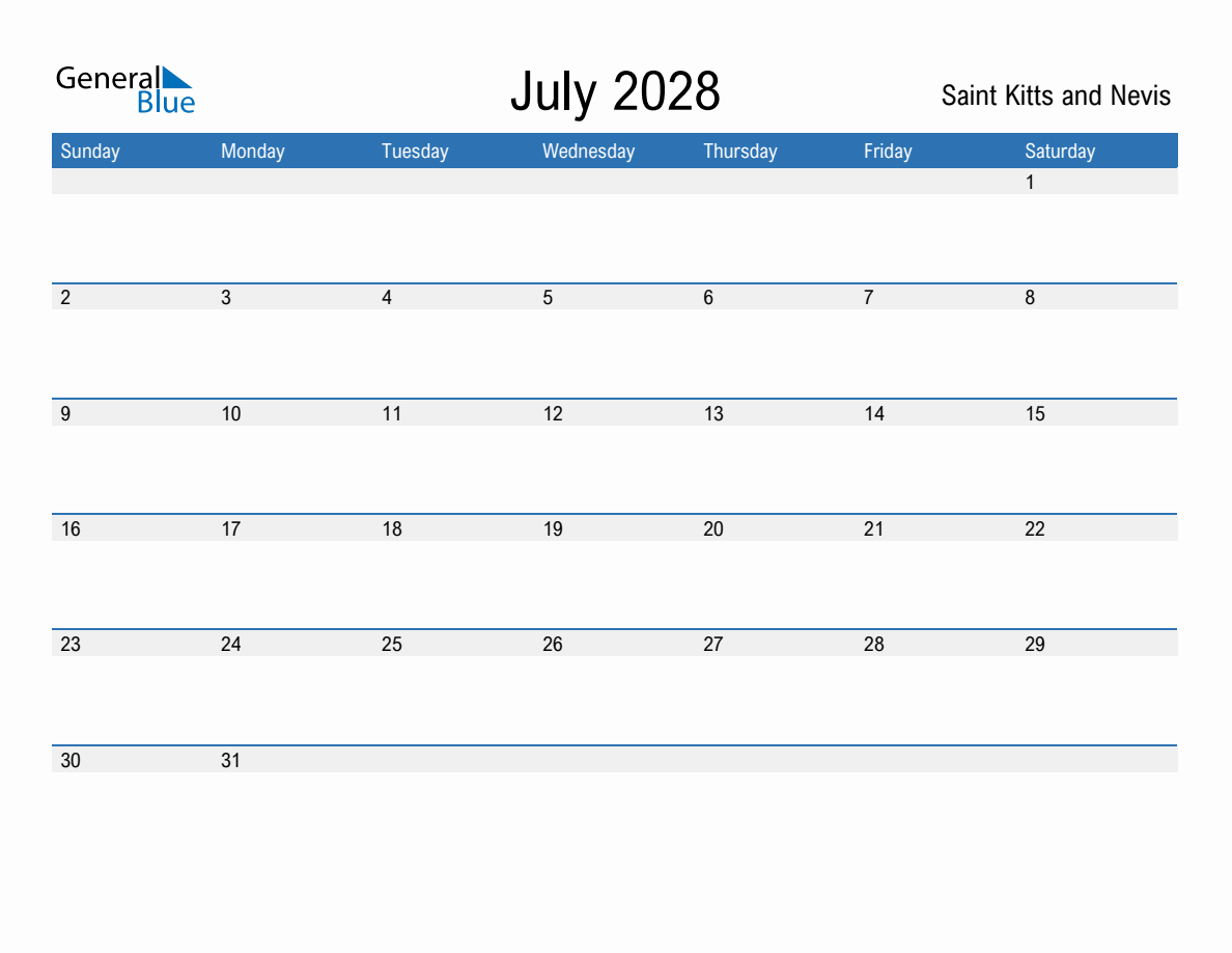 July 2028 Monthly Calendars with Saint Kitts and Nevis Holidays
