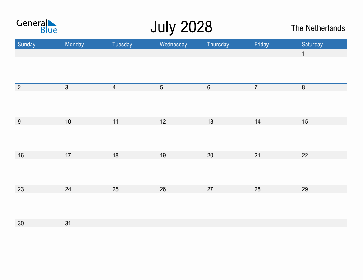 July 2028 Monthly Calendars with The Netherlands Holidays