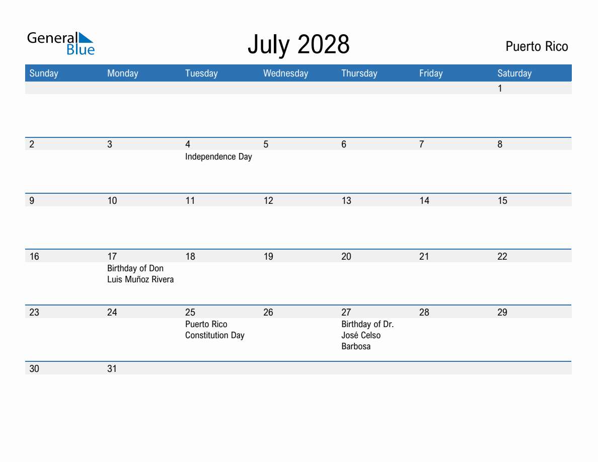 July 2028 Monthly Calendars with Puerto Rico Holidays