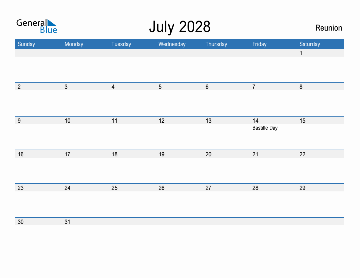 July 2028 Monthly Calendars with Reunion Holidays
