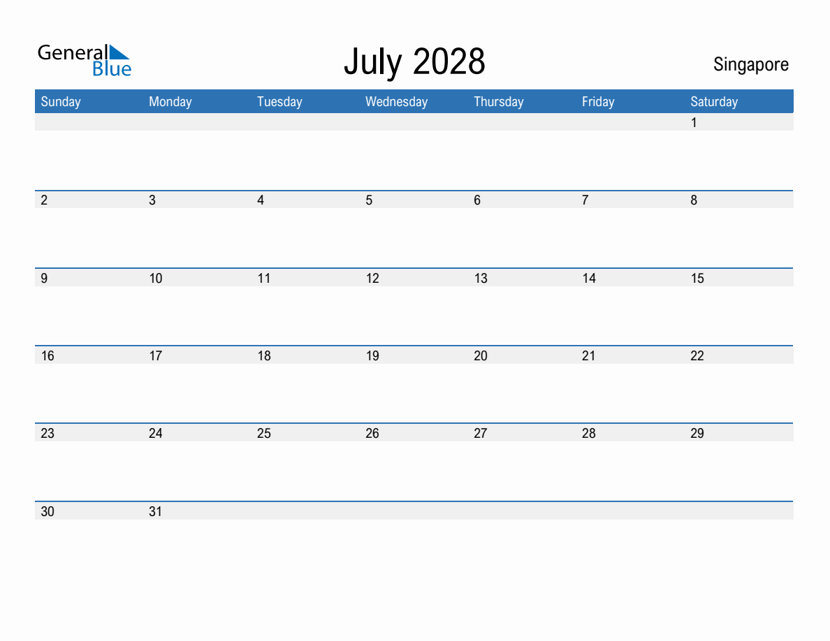July 2028 Monthly Calendars with Singapore Holidays