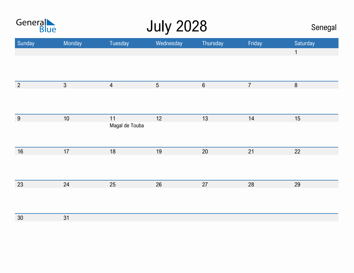 July 2028 Monthly Calendars with Senegal Holidays