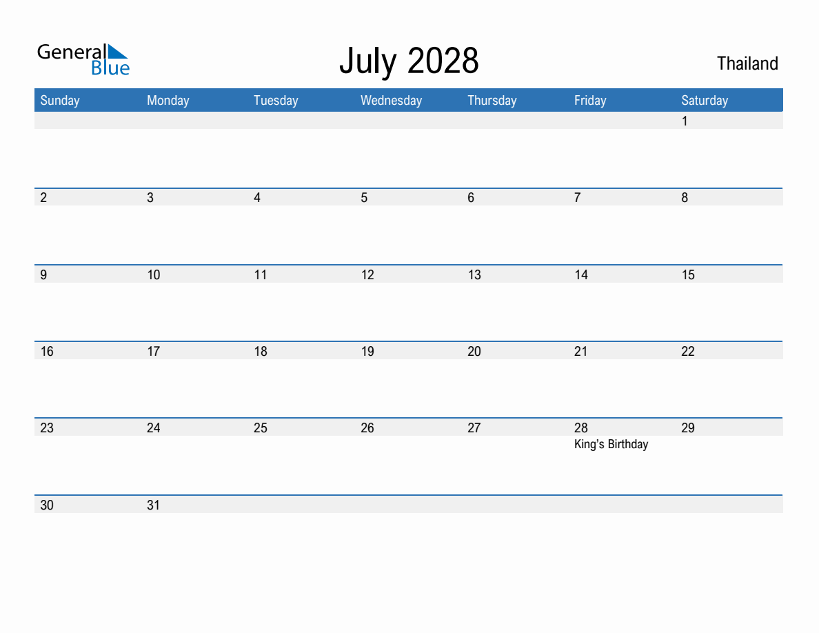 July 2028 Monthly Calendars with Thailand Holidays