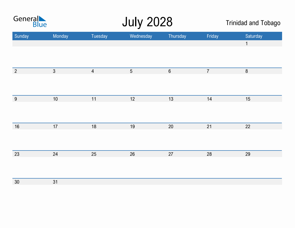 July 2028 Monthly Calendars with Trinidad and Tobago Holidays