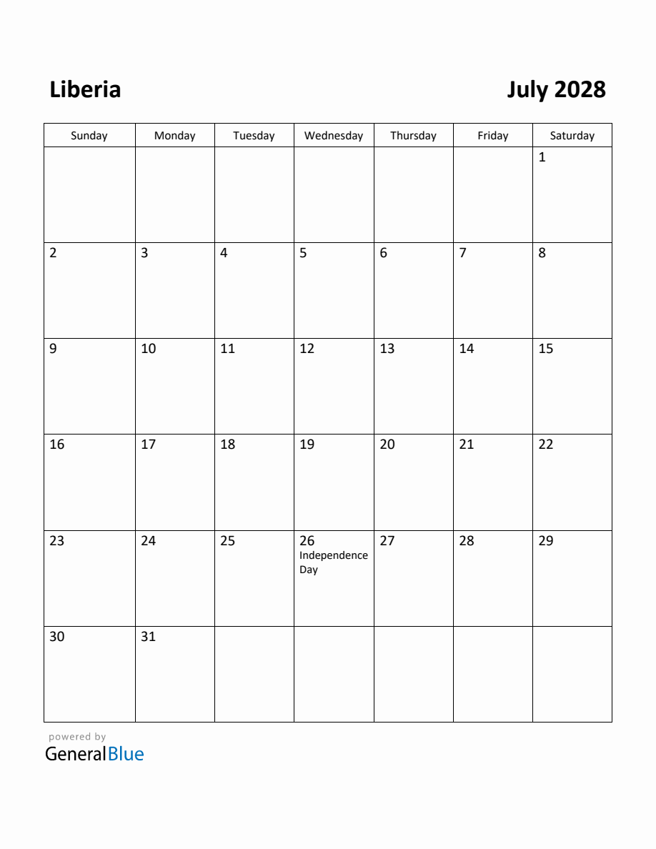Free Printable July 2028 Calendar for Liberia