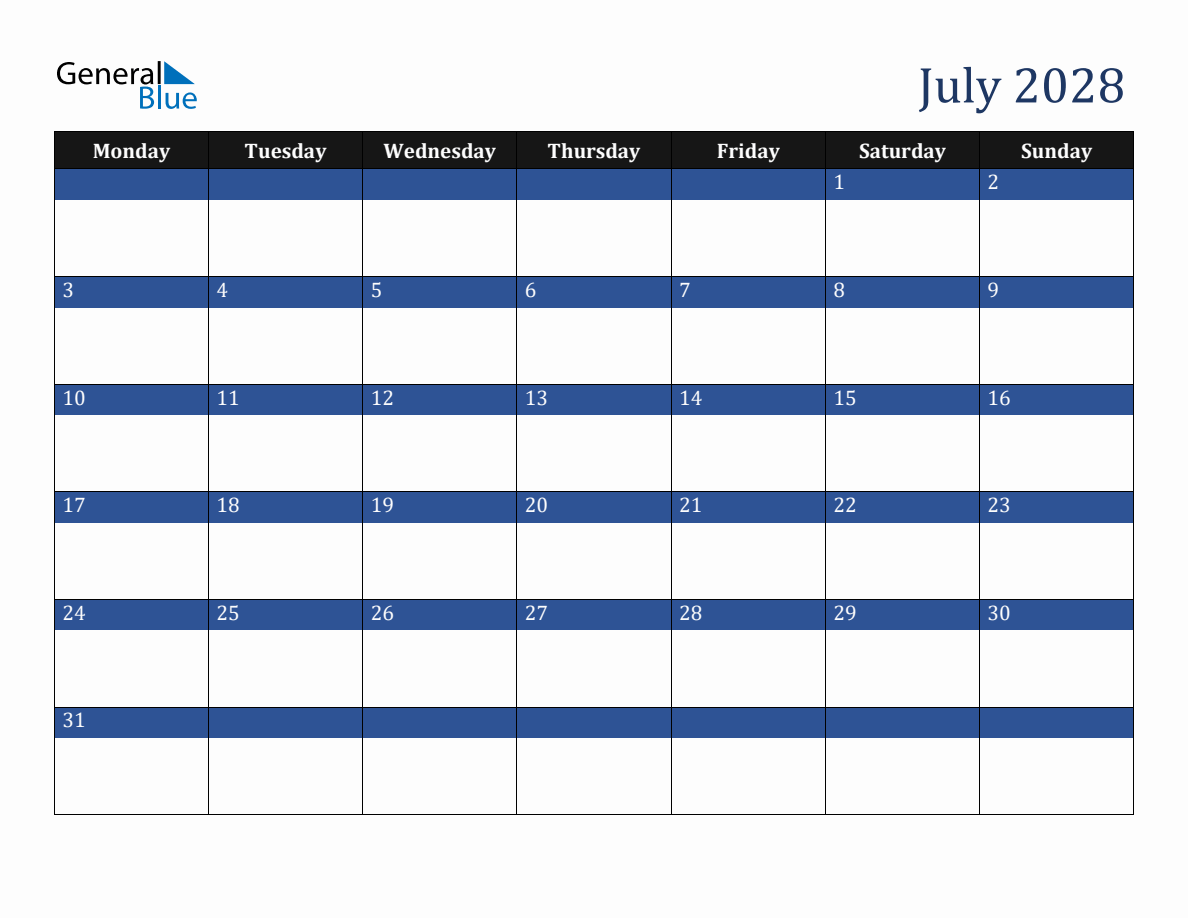 July 2028 Downloadable Calendar - Monday Start