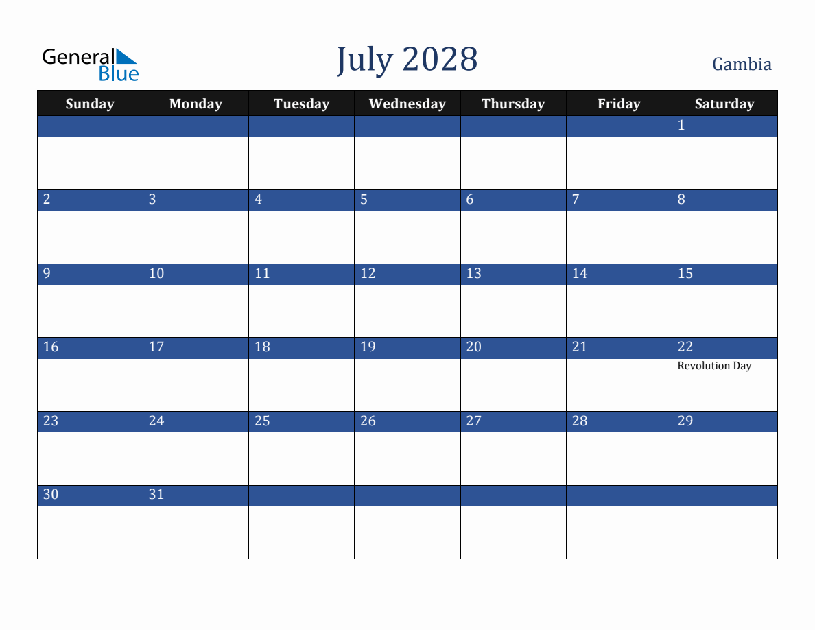 July 2028 Gambia Holiday Calendar
