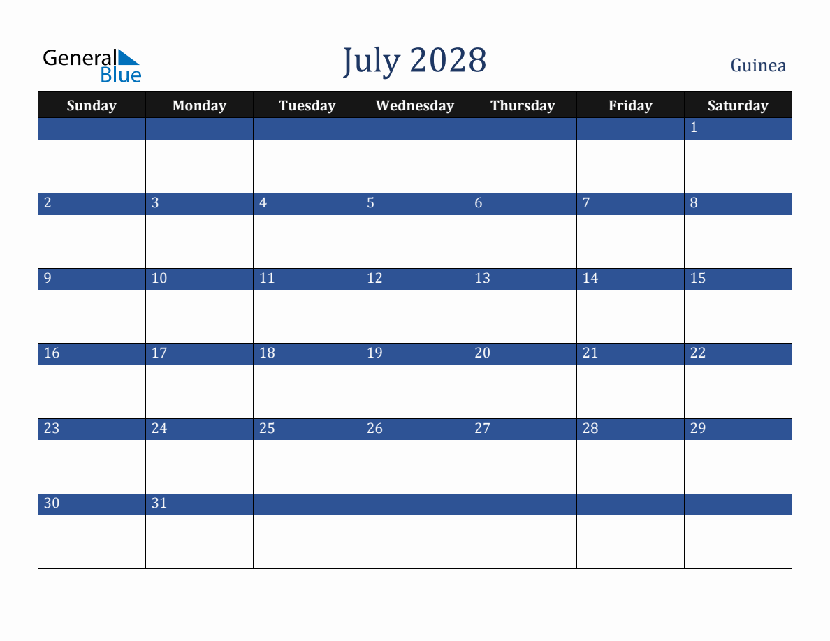 July 2028 Guinea Holiday Calendar