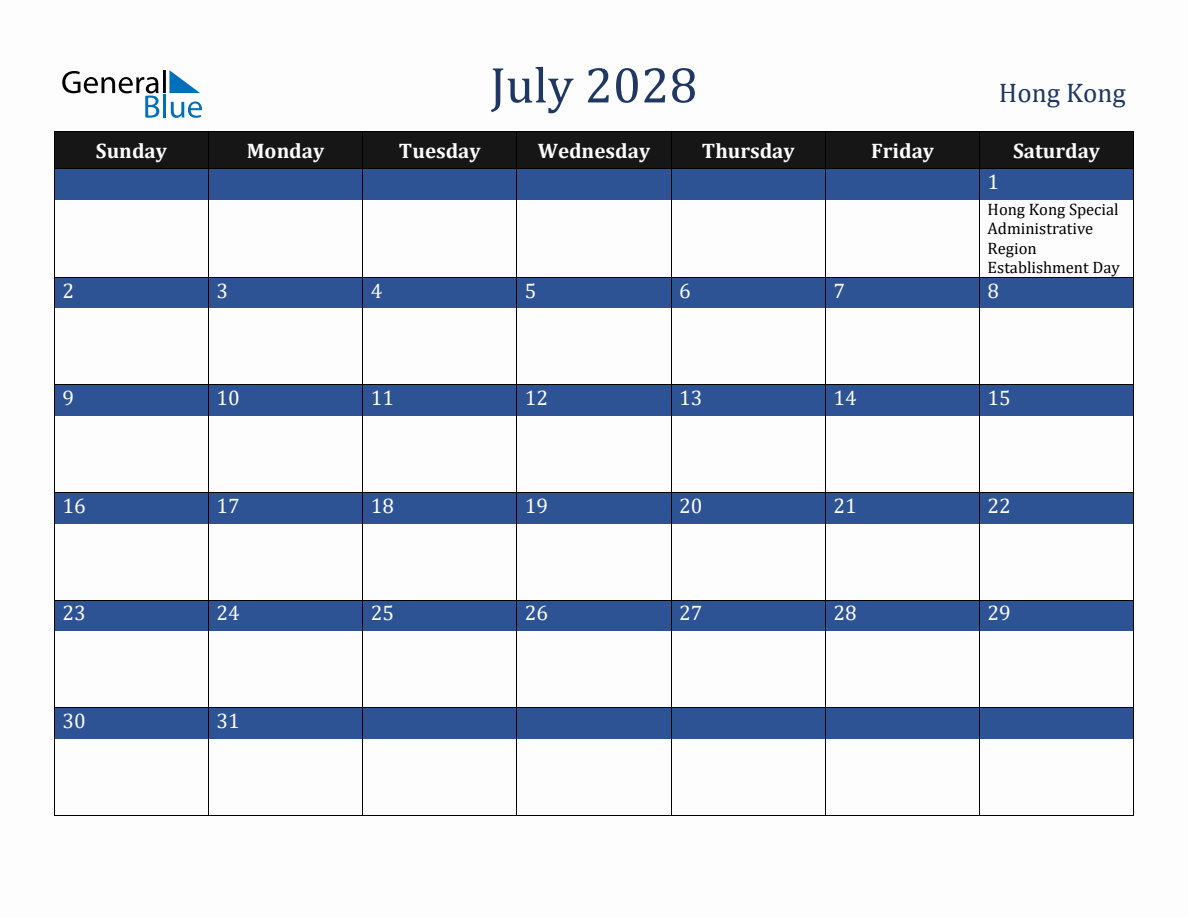 July 2028 Hong Kong Holiday Calendar