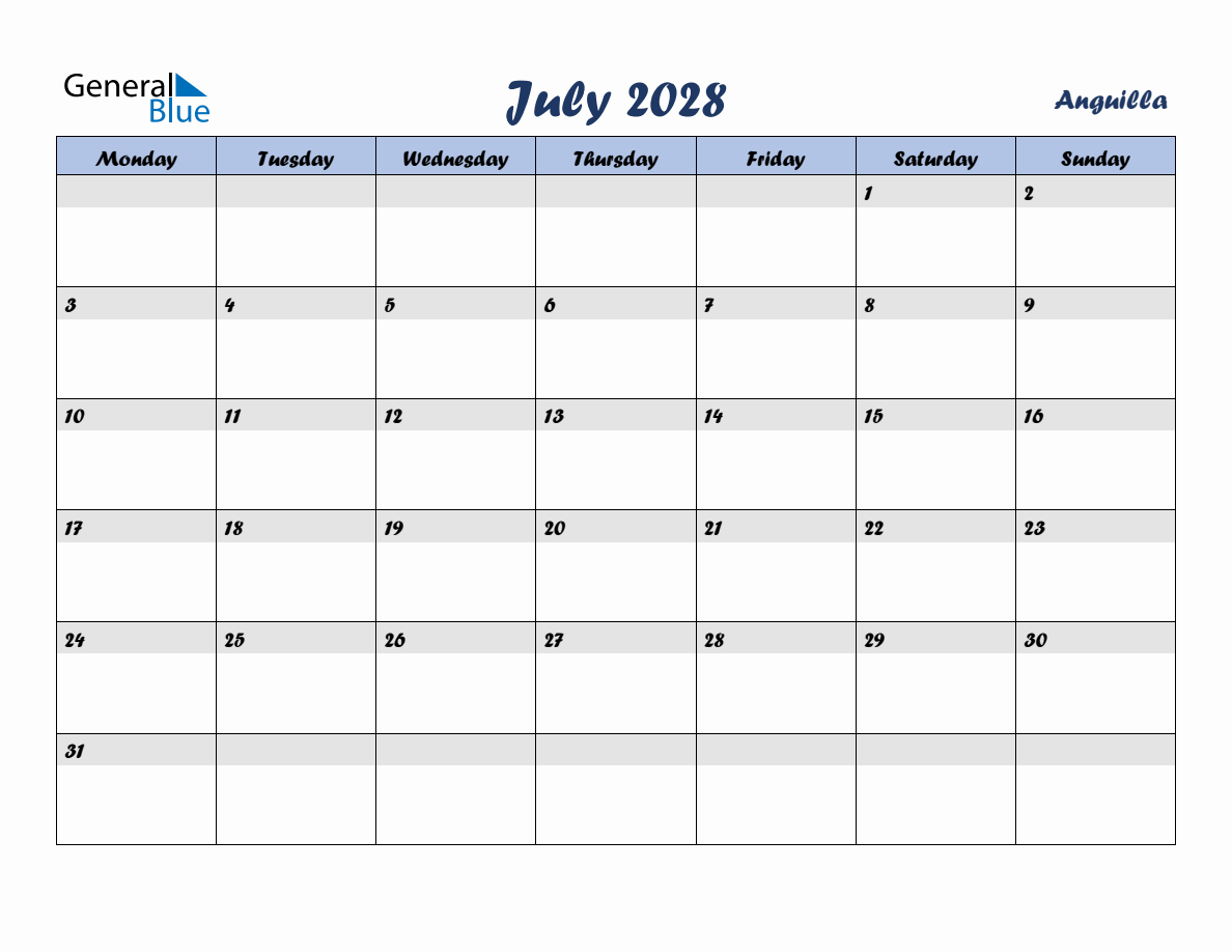 July 2028 Monthly Calendar Template with Holidays for Anguilla