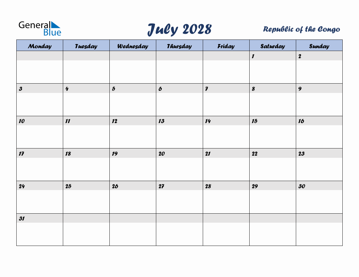 July 2028 Monthly Calendar Template with Holidays for Republic of the ...