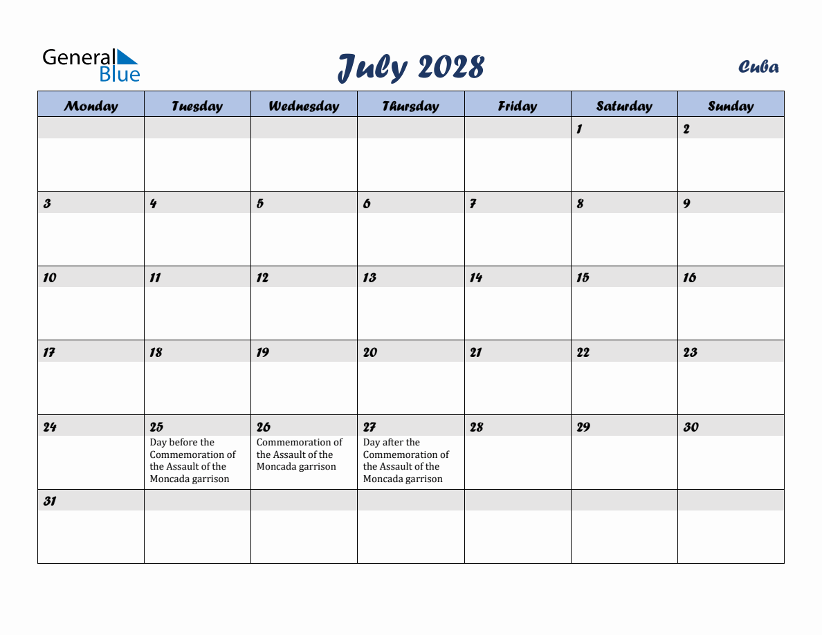 July 2028 Monthly Calendar Template with Holidays for Cuba
