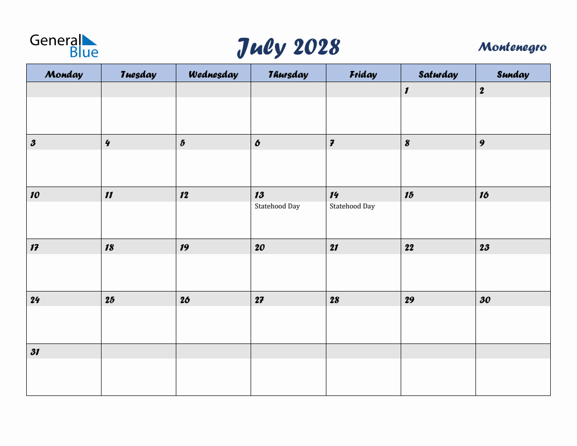 July 2028 Monthly Calendar Template with Holidays for Montenegro ...