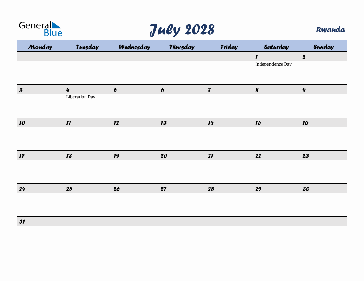 July 2028 Monthly Calendar Template with Holidays for Rwanda