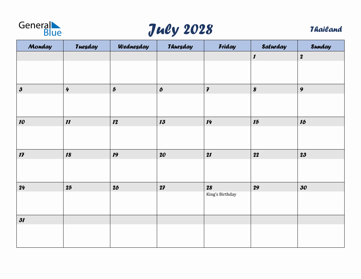 July 2028 Monthly Calendar Template with Holidays for Thailand (Monday ...